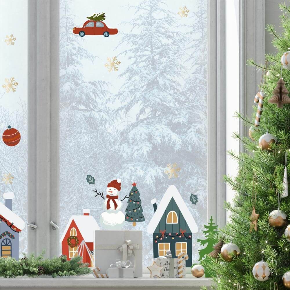 Stickers de Vitre pour Noël Thème Village de Noël : Décorations de ...